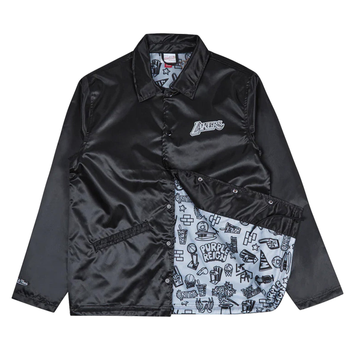 Lakers Doodle Coach Jacket Satin Black | Mitchell & Ness – Sports Treasures